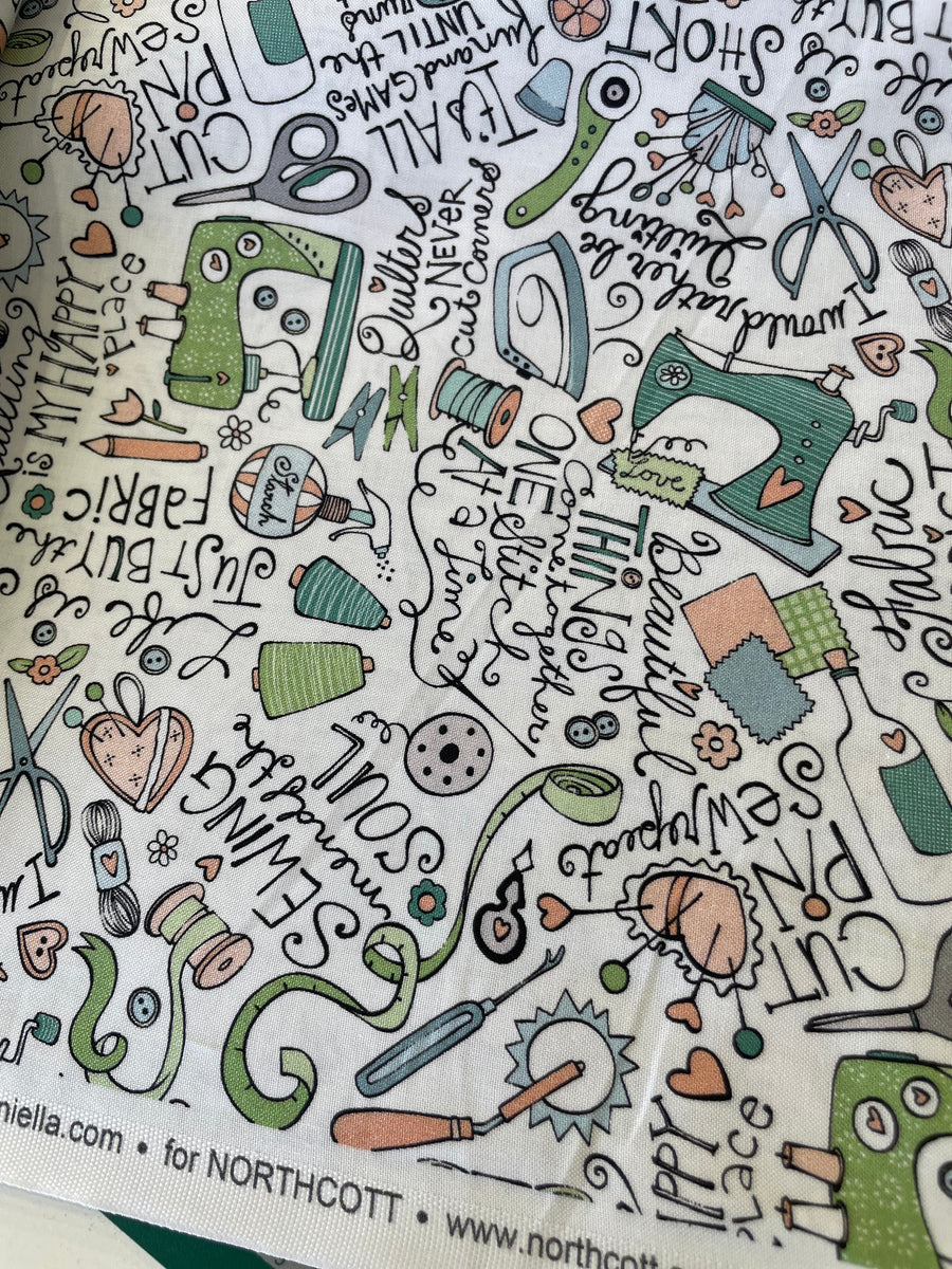 My Happy Place -Sewing Notions on white by Northcott Fabrics – My Fabricology